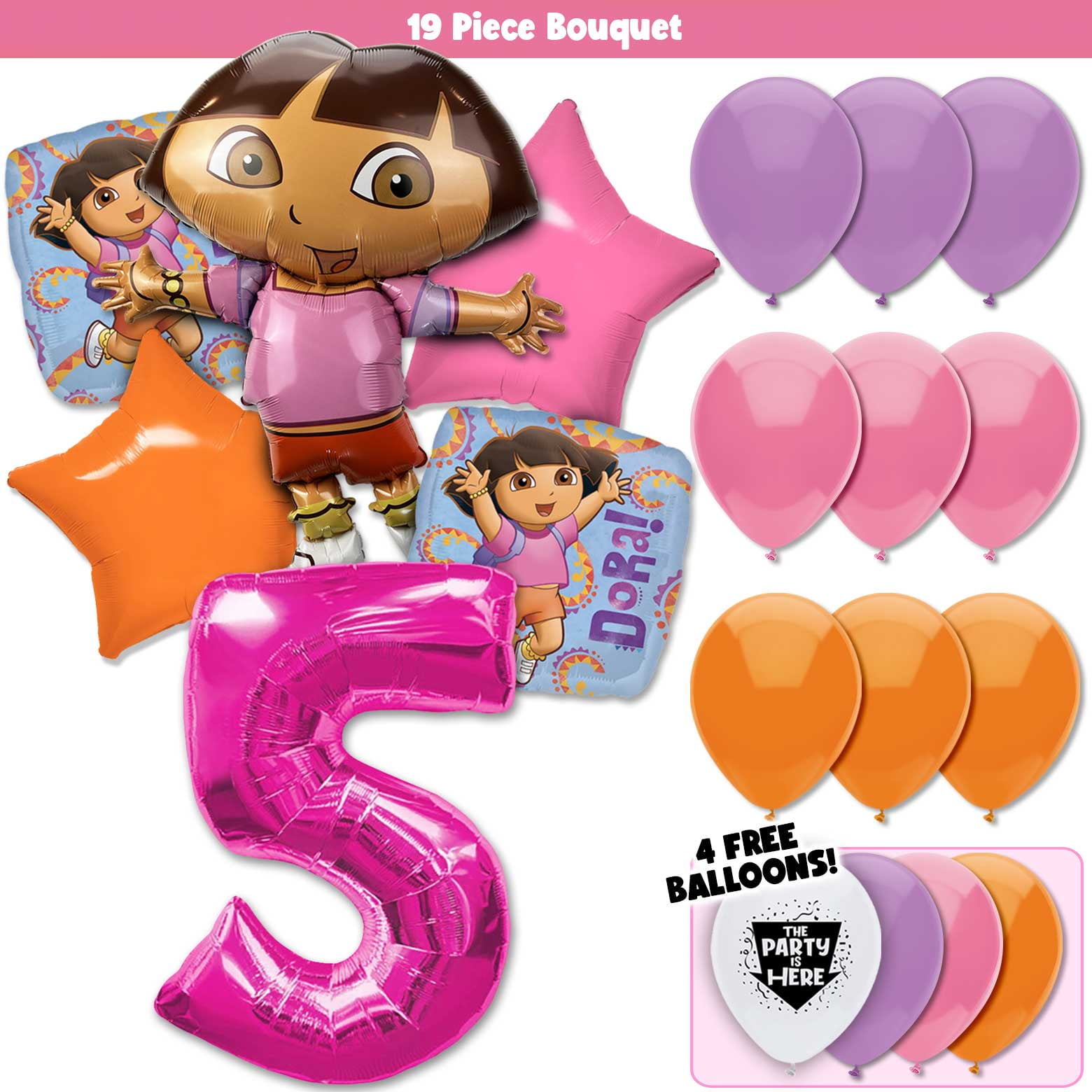19pc Dora the Explorer Deluxe Balloon Bouquet- with 42" Hot Pink Number ...