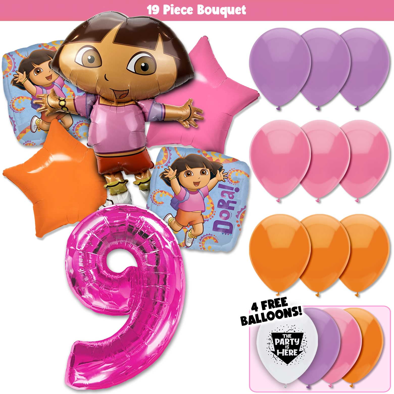 19pc Dora the Explorer Deluxe Balloon Bouquet- with 42" Hot Pink Number ...