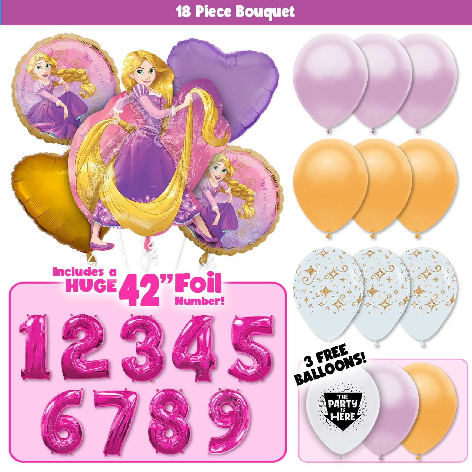18pc Rapunzel Balloons Tangled Bouquet Kit with 42" Pink Number 3 Foil ...