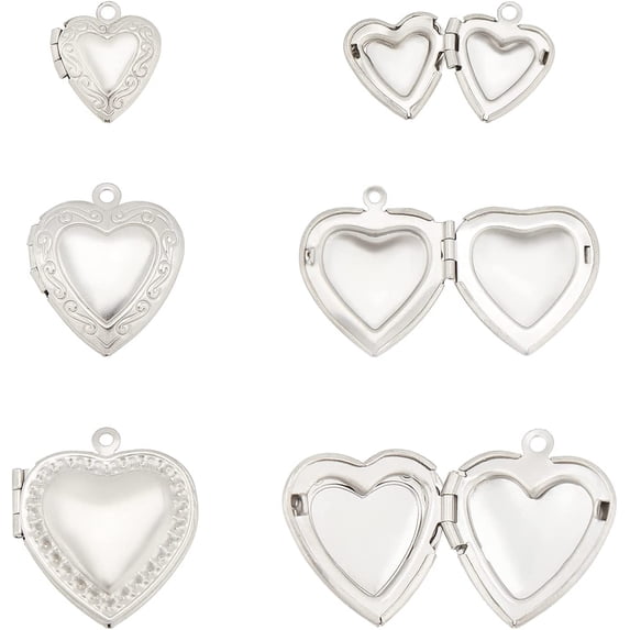 18pcs 3 Sizes Heart Photo Frame Locket Pendants Stainless Steel ...