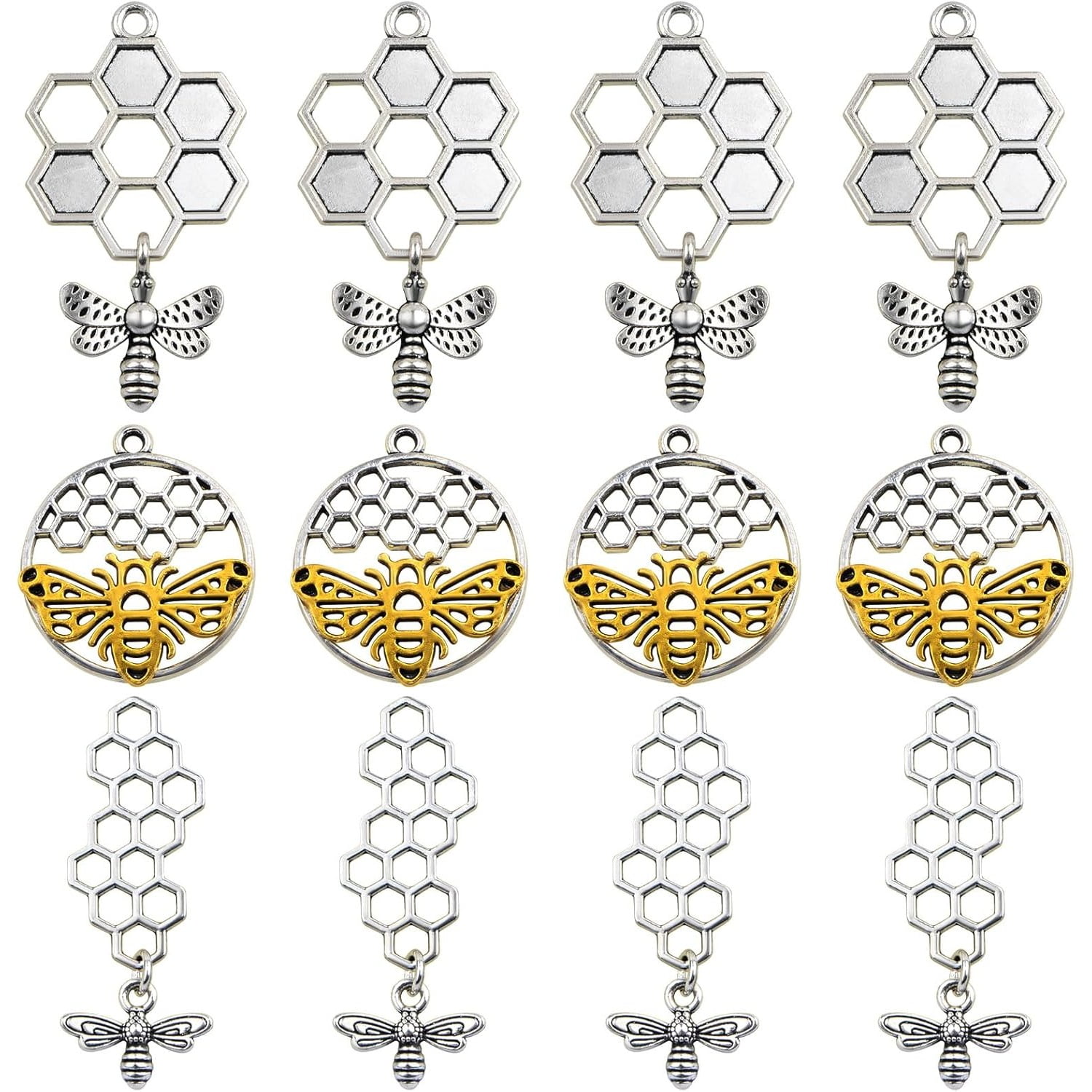 18pcs 3 Styles 3D Honey Comb Bee Charms Antique Silver Alloy Honeybee Honeycomb Pendants Hollow ...