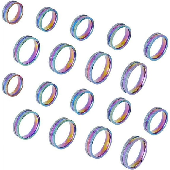 18pcs 9 Sizes Rainbow Frosting Blank Ring Narrow Shiny Grooved Finger ...