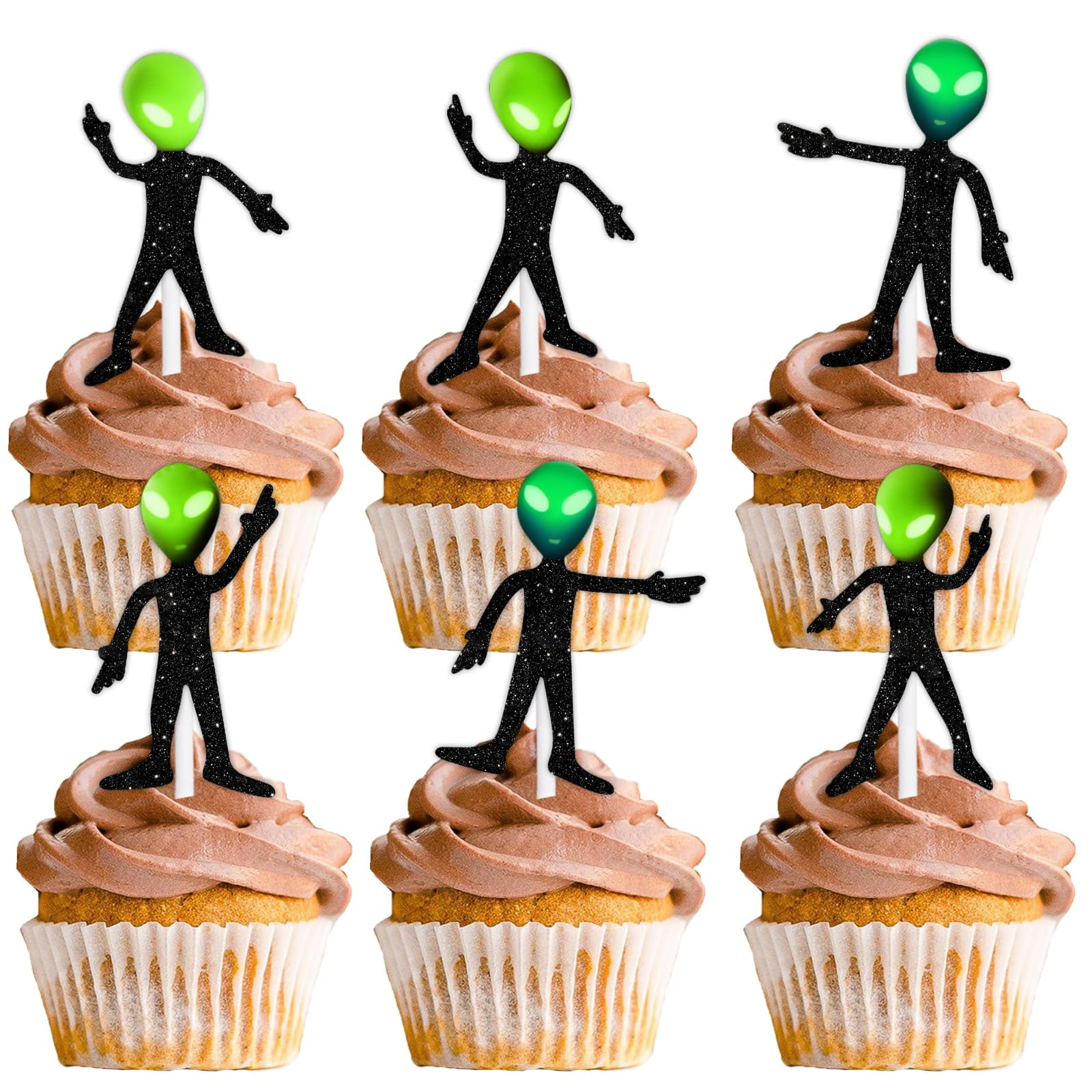 18pcs Black Glitter FEV6 Glow Alien Dessert Cupcake Topper Space ...