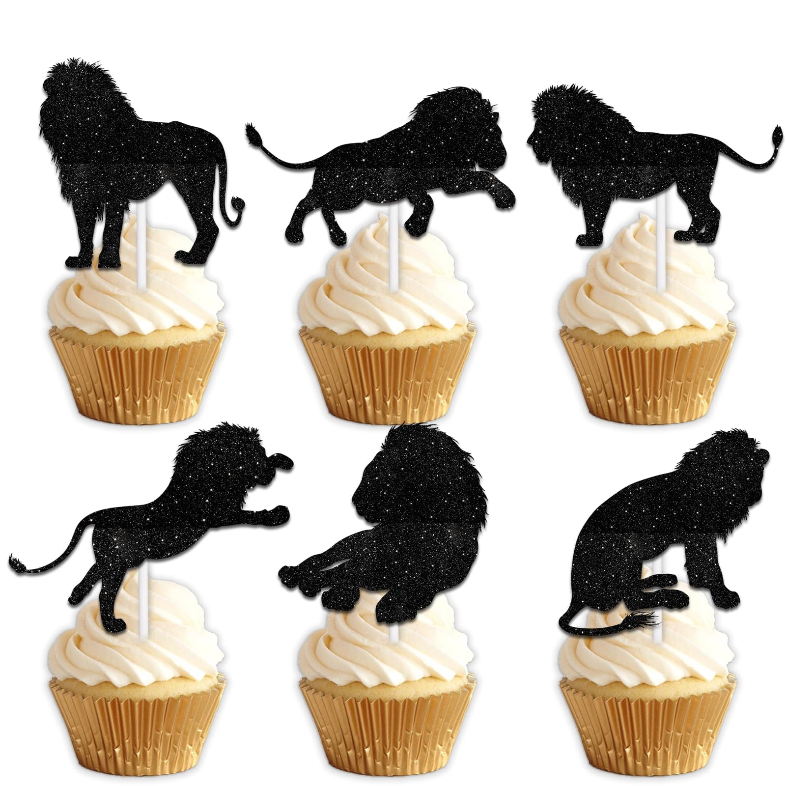 18pcs Black silhouette Glitter Lion Dessert BSL1 Cupcake Topper Pick ...