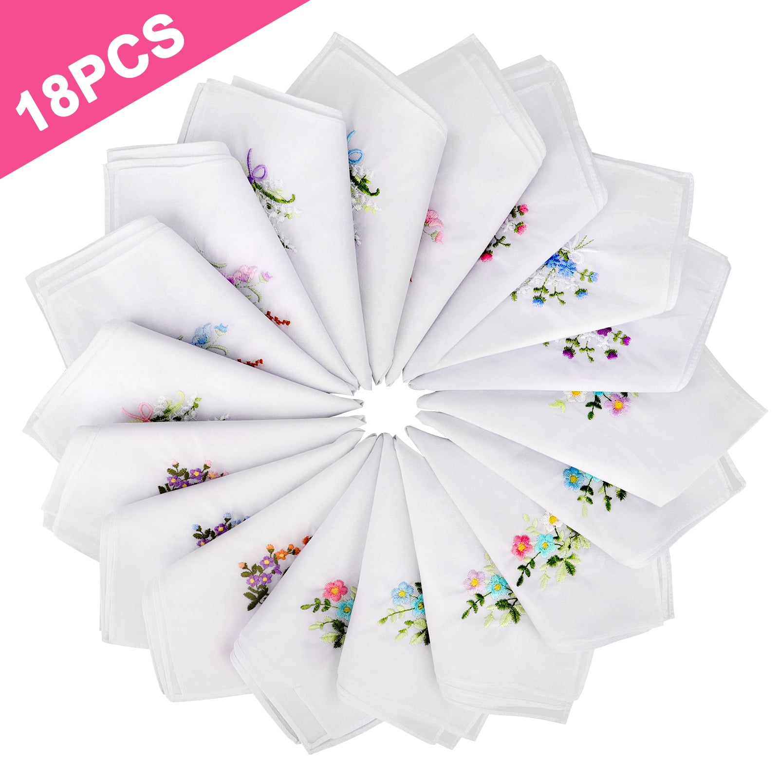 18pcs Floral Embroidered Handkerchiefs, TSV 11''x11'' Cotton Hankies ...