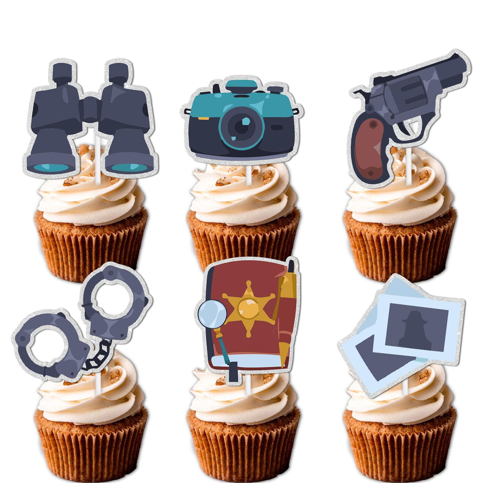 18pcs Glitter Detective Equipment Dessert Cupcake Topper Mystery Crime ...