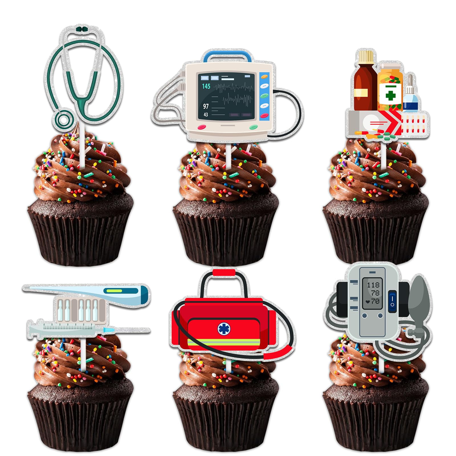 18pcs Glitter Stethoscope Medical STF9 Detector Dessert Cupcake Topper ...