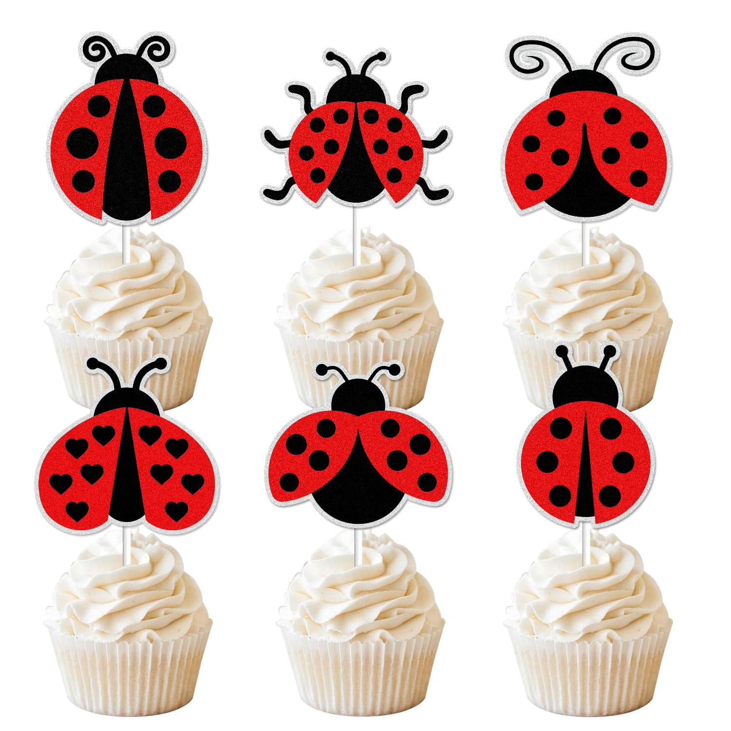 18pcs Ladybug Happy Birthday Cupcake Toppers BSL1 Red Glitter Daisy ...