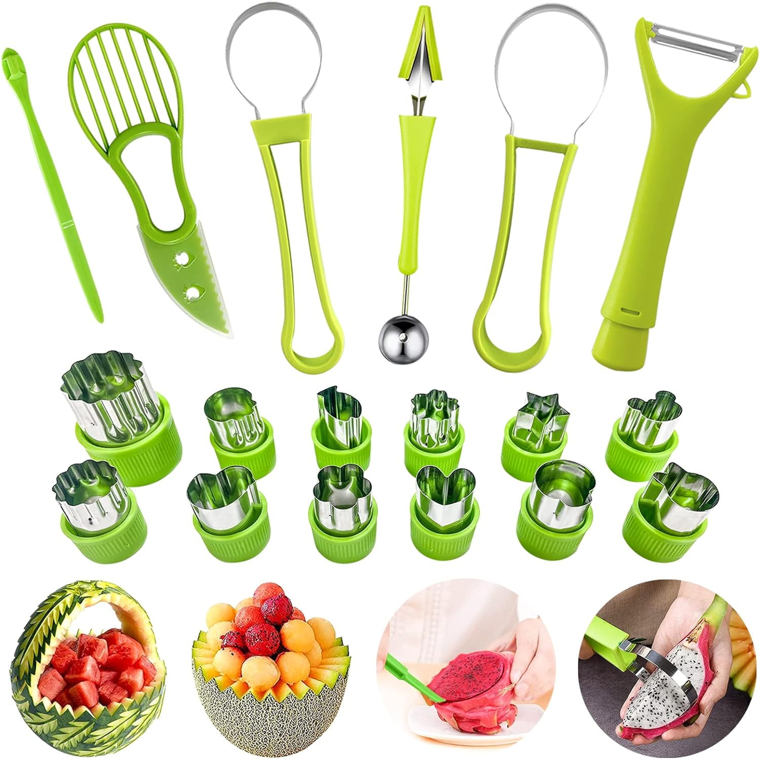 18pcs Melon Baller Scoop Set, 4 In 1 Stainless Steel Fruit Slicer ...