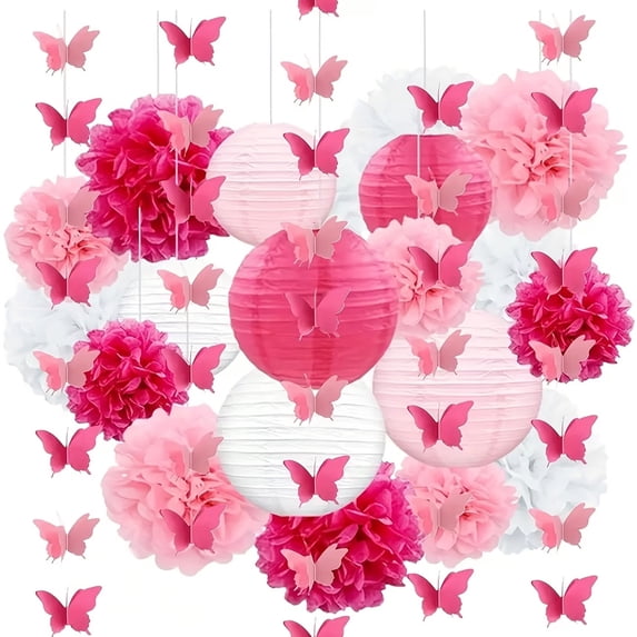 18pcs Pink Paper Lanterns and Flower Balls Set - Elegant Party ...
