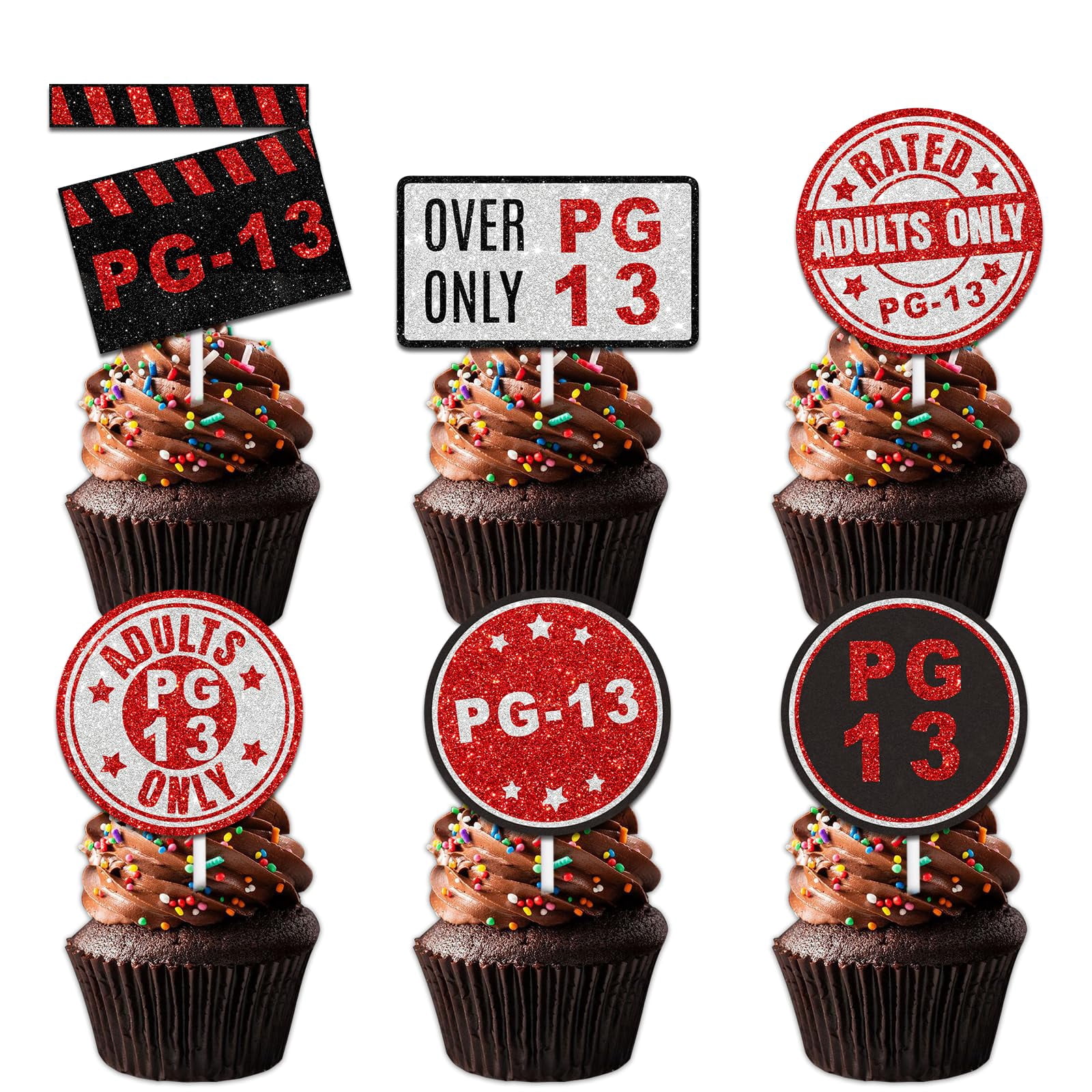 18pcs Red Glitter Cupcake Topper Pick for 13 Years Old Film Theme Decor ...