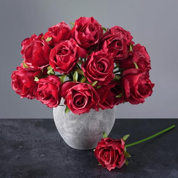 18pcs Red Roses Artificial Flowers, Fake Roses Silk Flowers with Stems ...