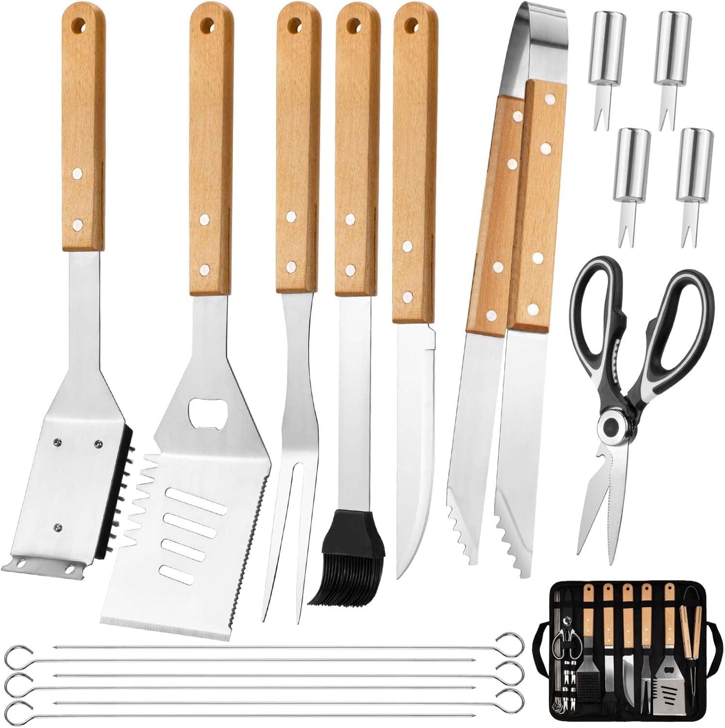 18pcs Wooden Grill Tool Set, BBQ Accessories Heavy Duty Stainless Steel ...