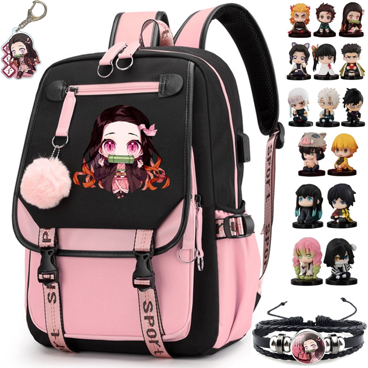 18pcs/kit Nezuko Backpack with USB Charging Port, Bookbag - Walmart.com