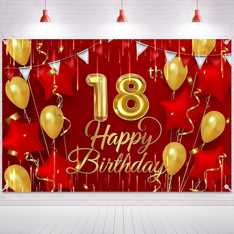18th Birthday Backdrop Banner Decorations Red and Gold for Boys Girls ...