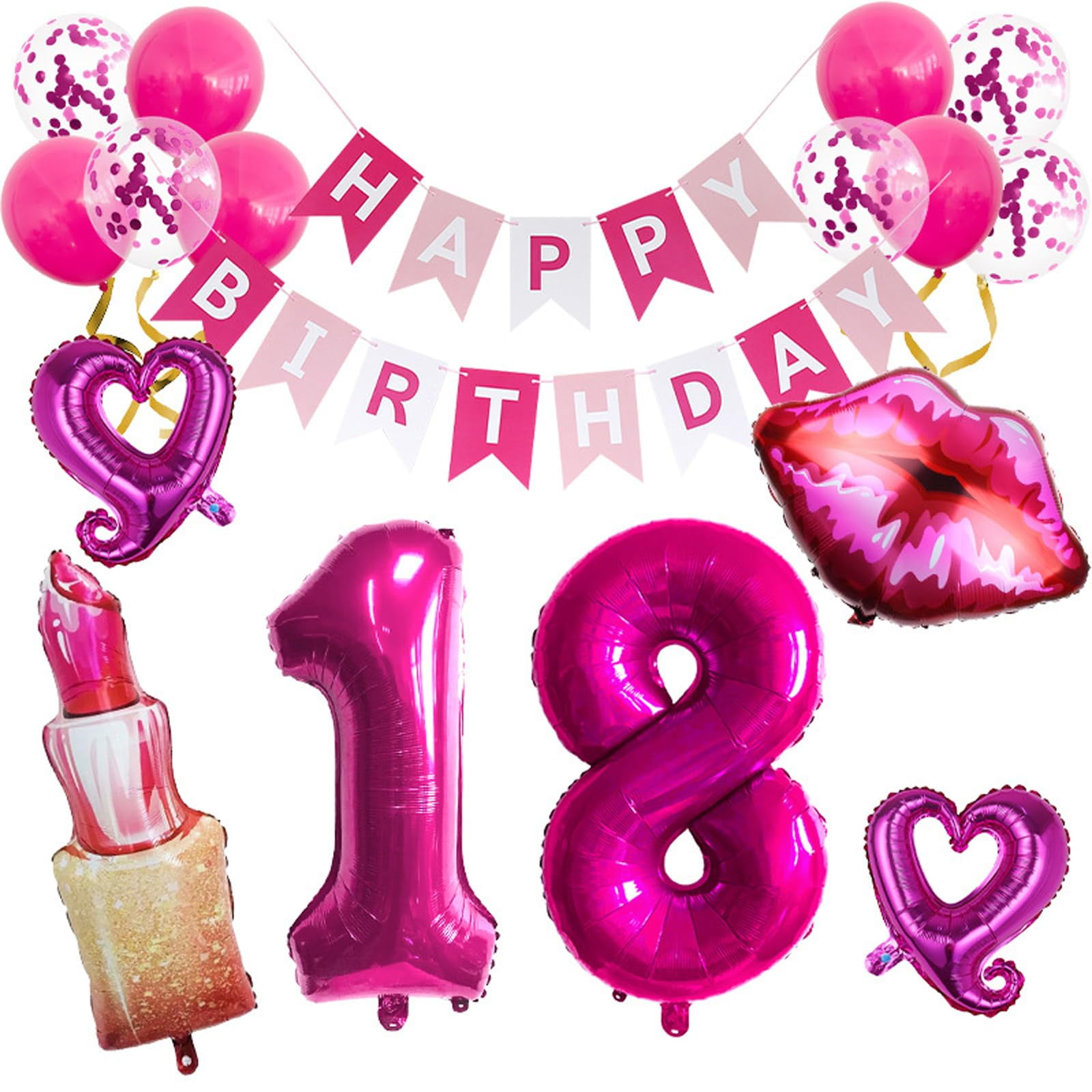 18th Birthday Balloons,32 Inch Rose Red AFN1Number 18, Lips Lipstick ...
