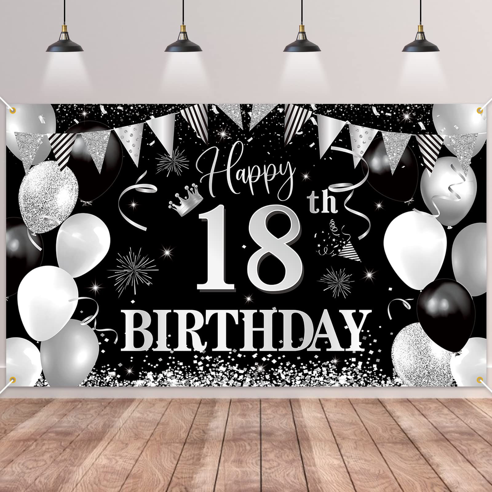 18th Birthday Banner Backdrop,BTZO Happy 18th AFN1Birthday Decorations,Black Silver Large Fabric ...