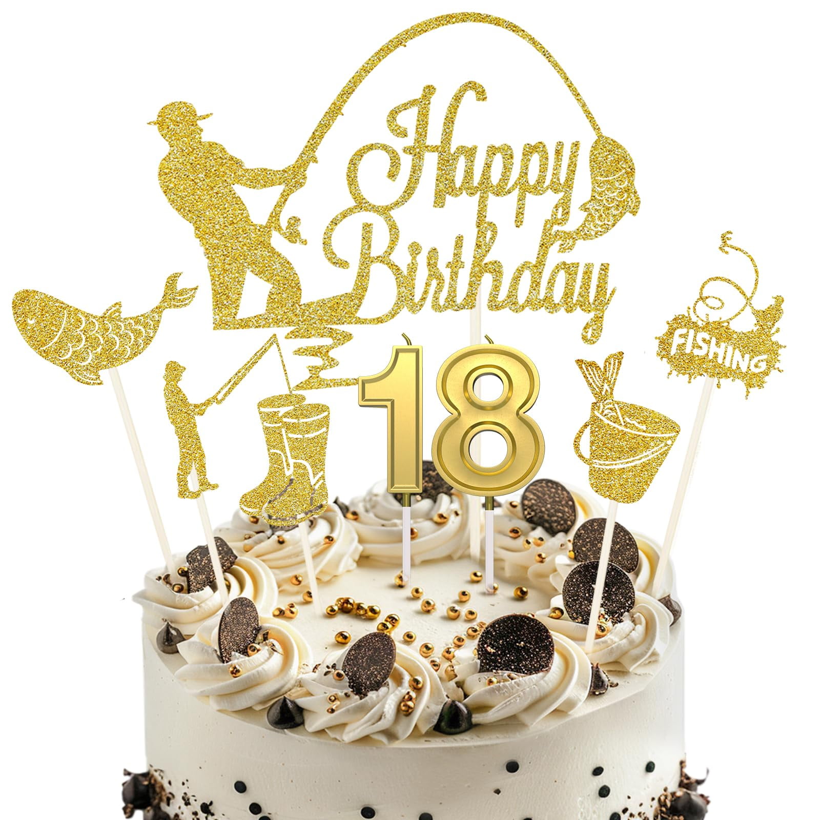 18th Birthday Candles for Cake, Gold Gone Fishing Cake Topper, Happy ...