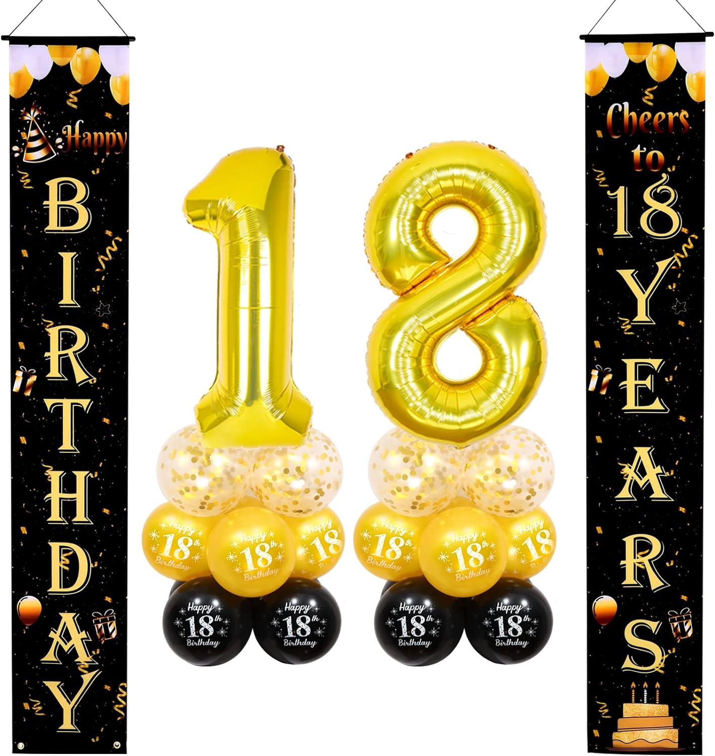 18th Birthday Decorations Black and Gold, Happy 18th Door Banners Porch ...