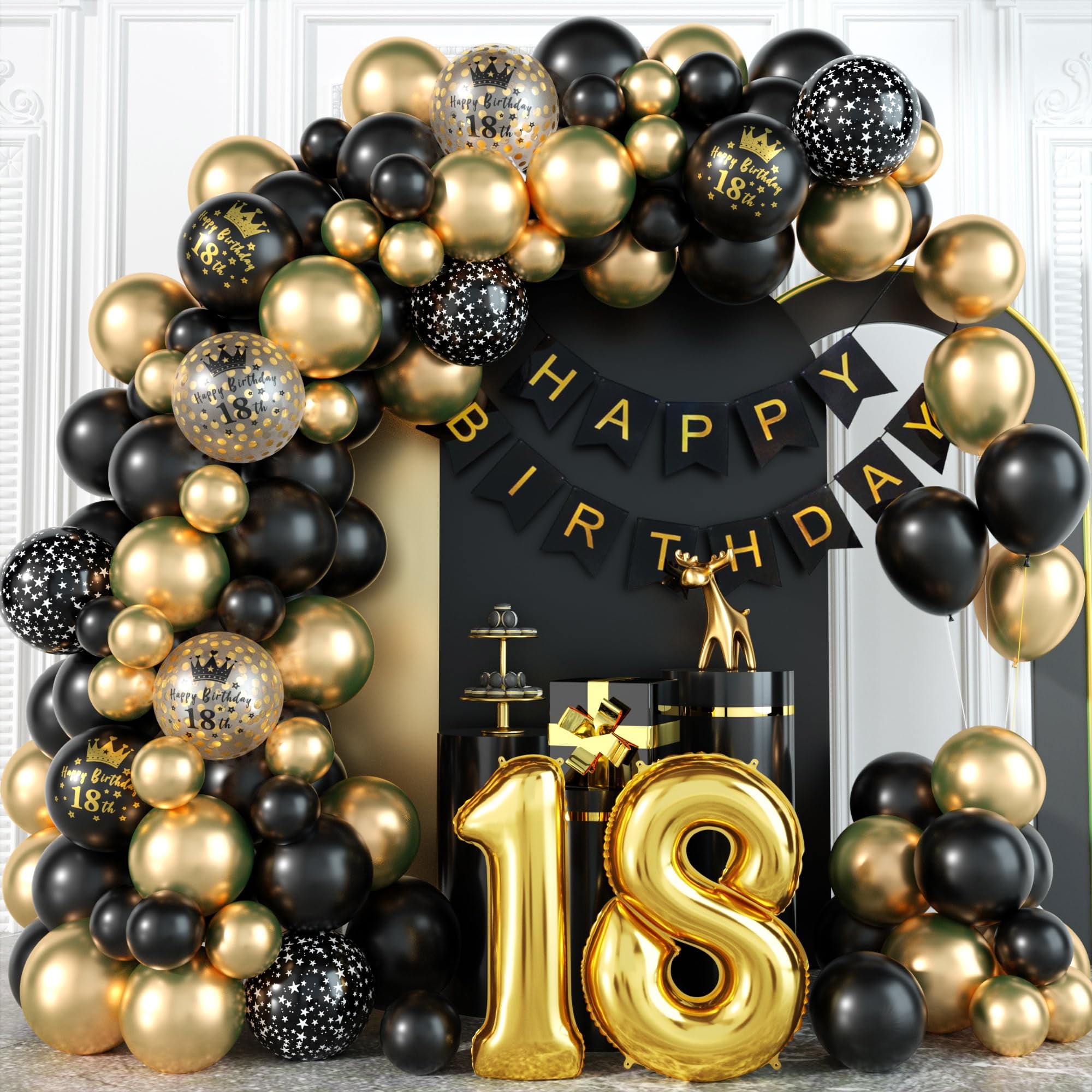 18th Birthday Decorations for Boys Black AFN1and Gold Garland Arch Kit with Number 18 Foil ...