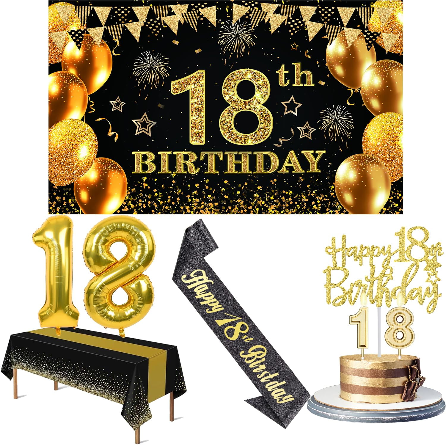 18th Birthday Decorations for Boys Girls AFN1with 18th Birthday Banner, Black and Gold Table ...