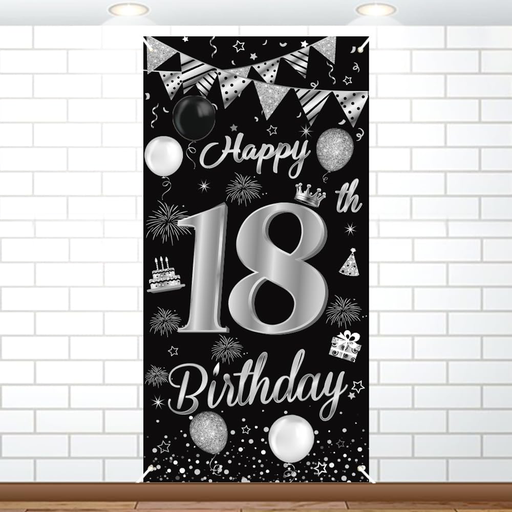 18th Birthday Decorations for Boys Girls Black Silver Happy 18th Birthday Banner Birthday ...