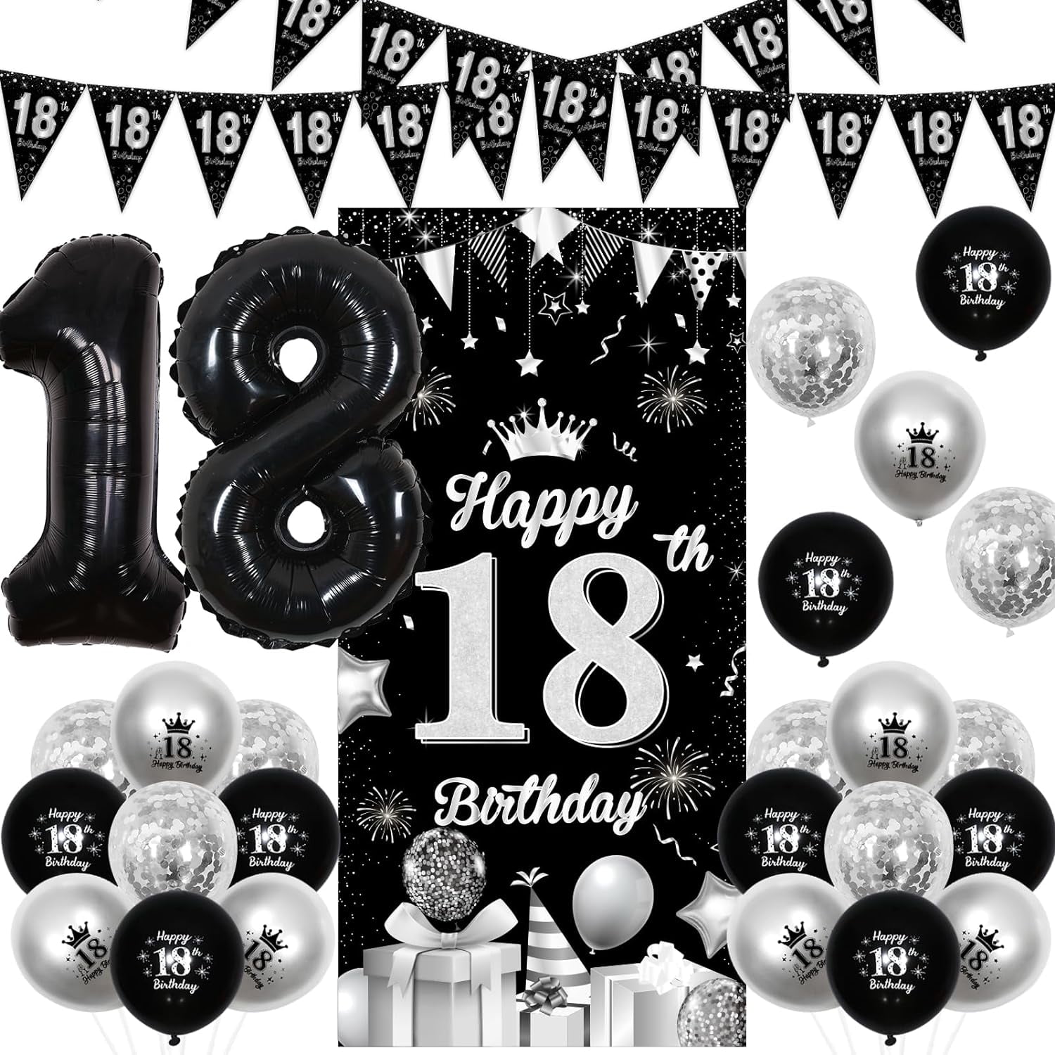 18th Birthday Decorations for Boys Girls, Black and Silver Happy 18th ...