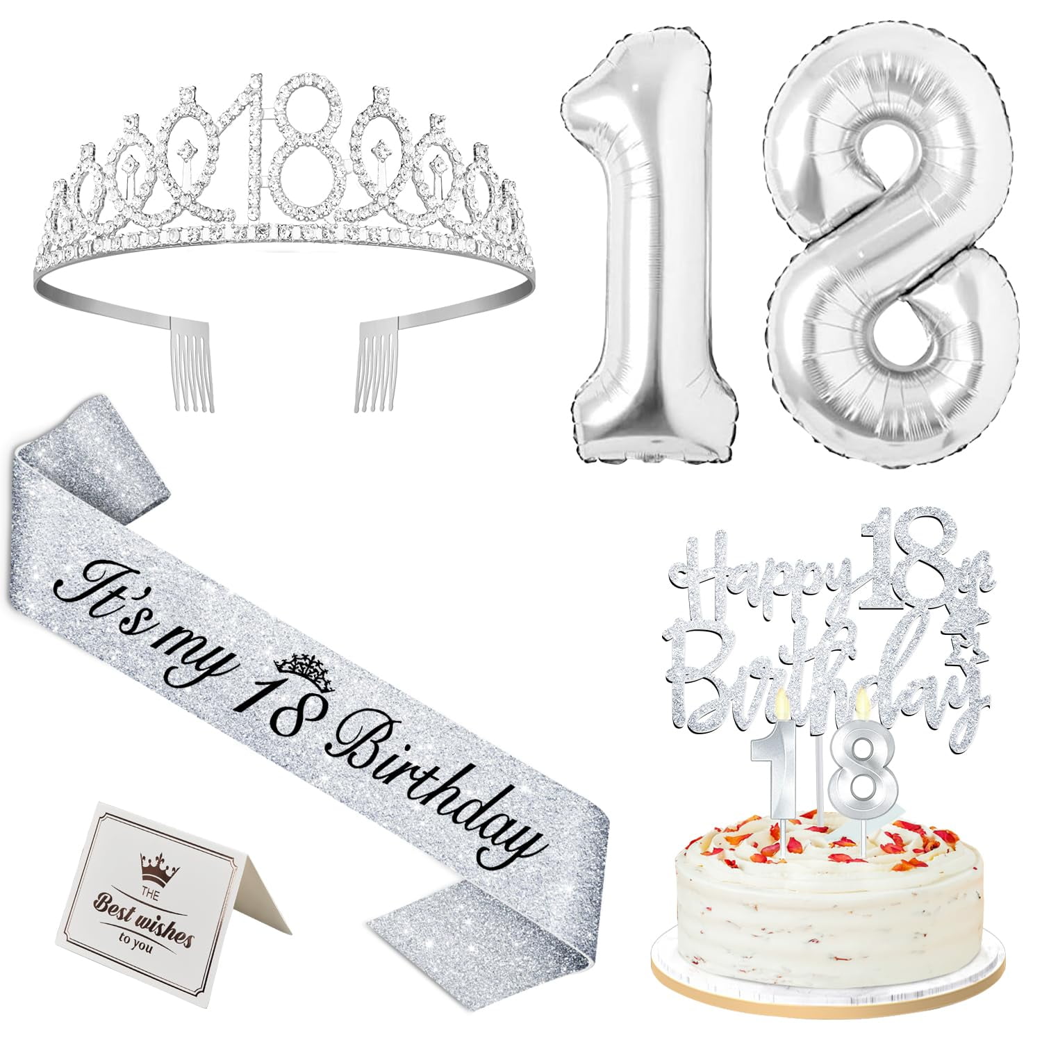 18th Birthday Decorations for SSF20 Girls Silver with 18th Birthday Sash and Tiara, Cake Topper ...