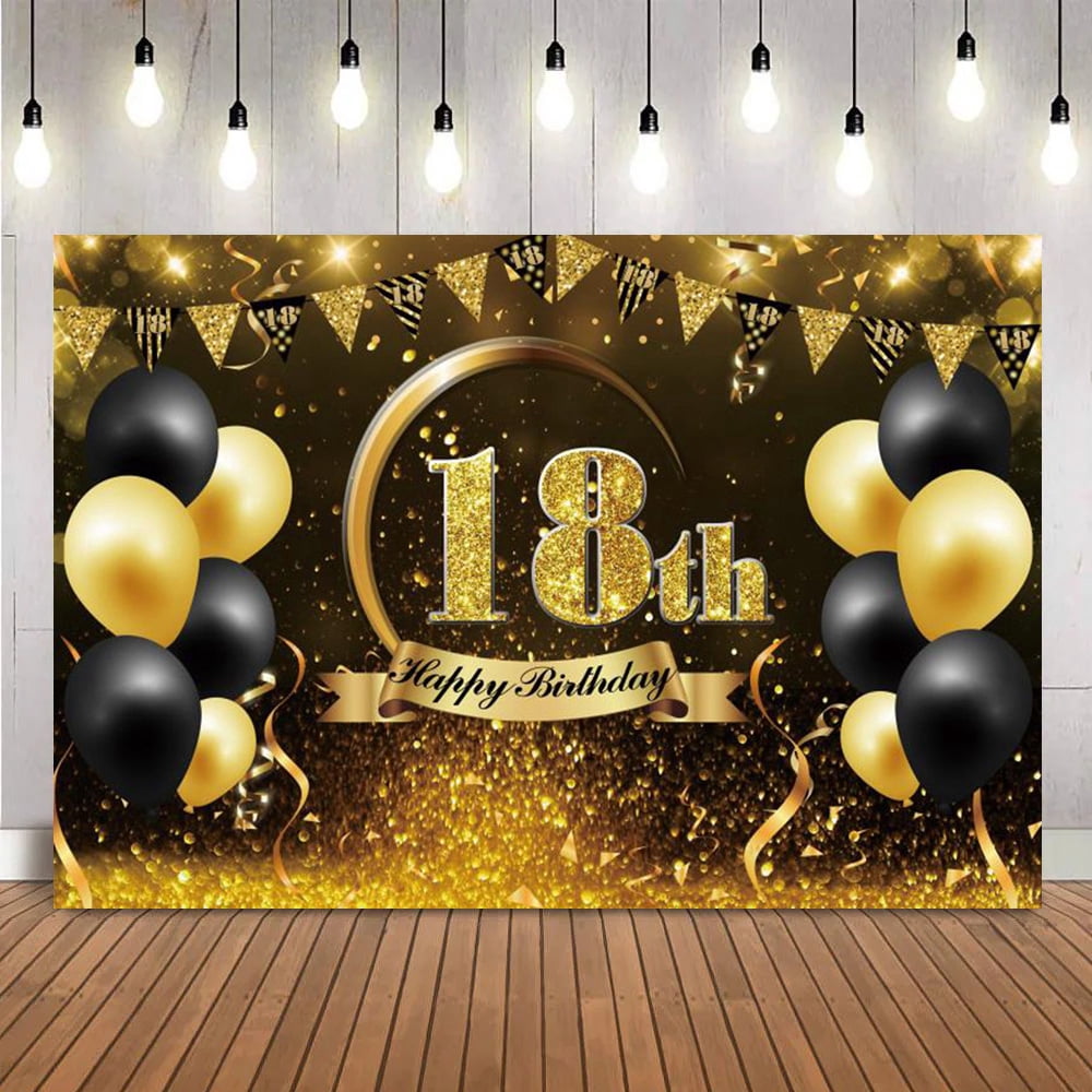 18th Birthday Party Backdrop Black Gold Glitter Balloon Boy Girl 18 ...