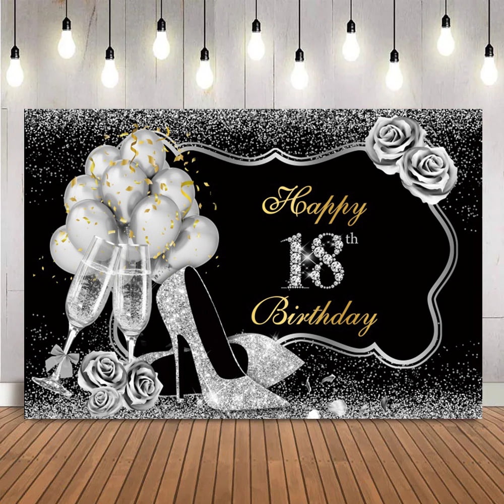 18th Birthday Party Backdrop Glitter Balloon Boy Girl 18 years old ...