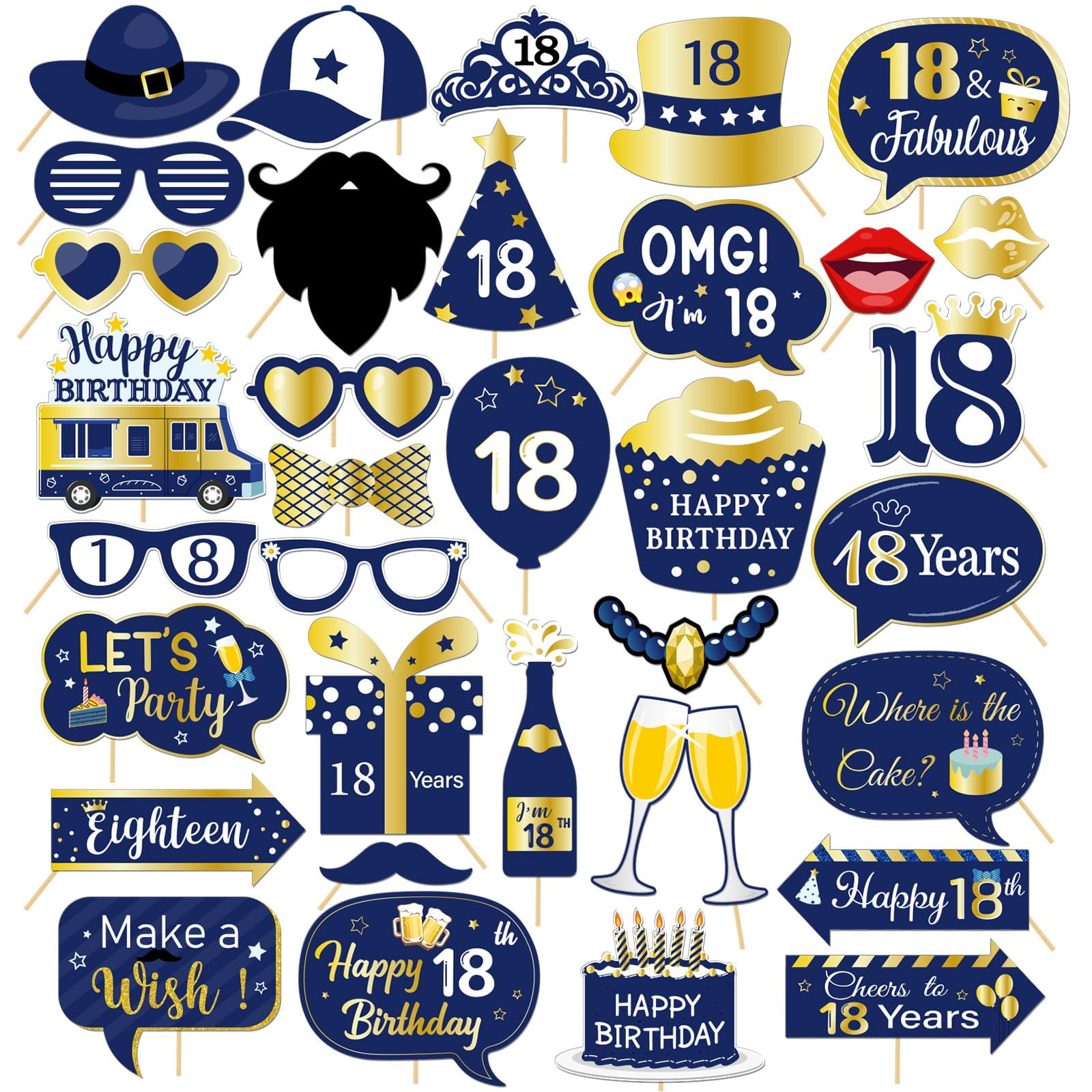 18th Birthday Photo Booth Props - AFN134Pcs Blue & Gold Party Supplies ...