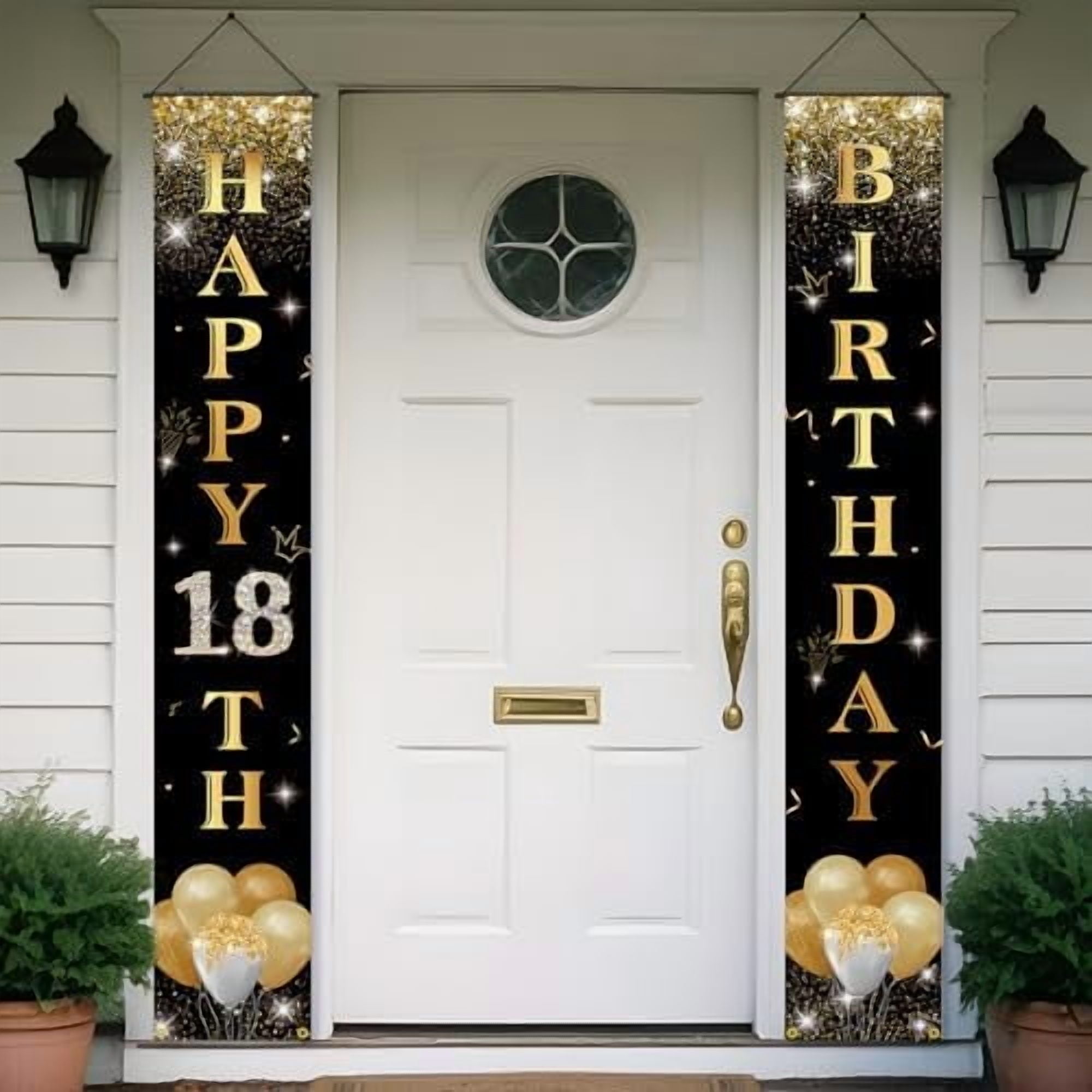 18th Birthday Porch Door Banner - Black Gold Oxford Fabric , Happy 18th ...