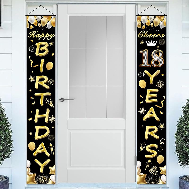 18th Happy Birthday Banner for Women Men, Black Gold Birthday ...