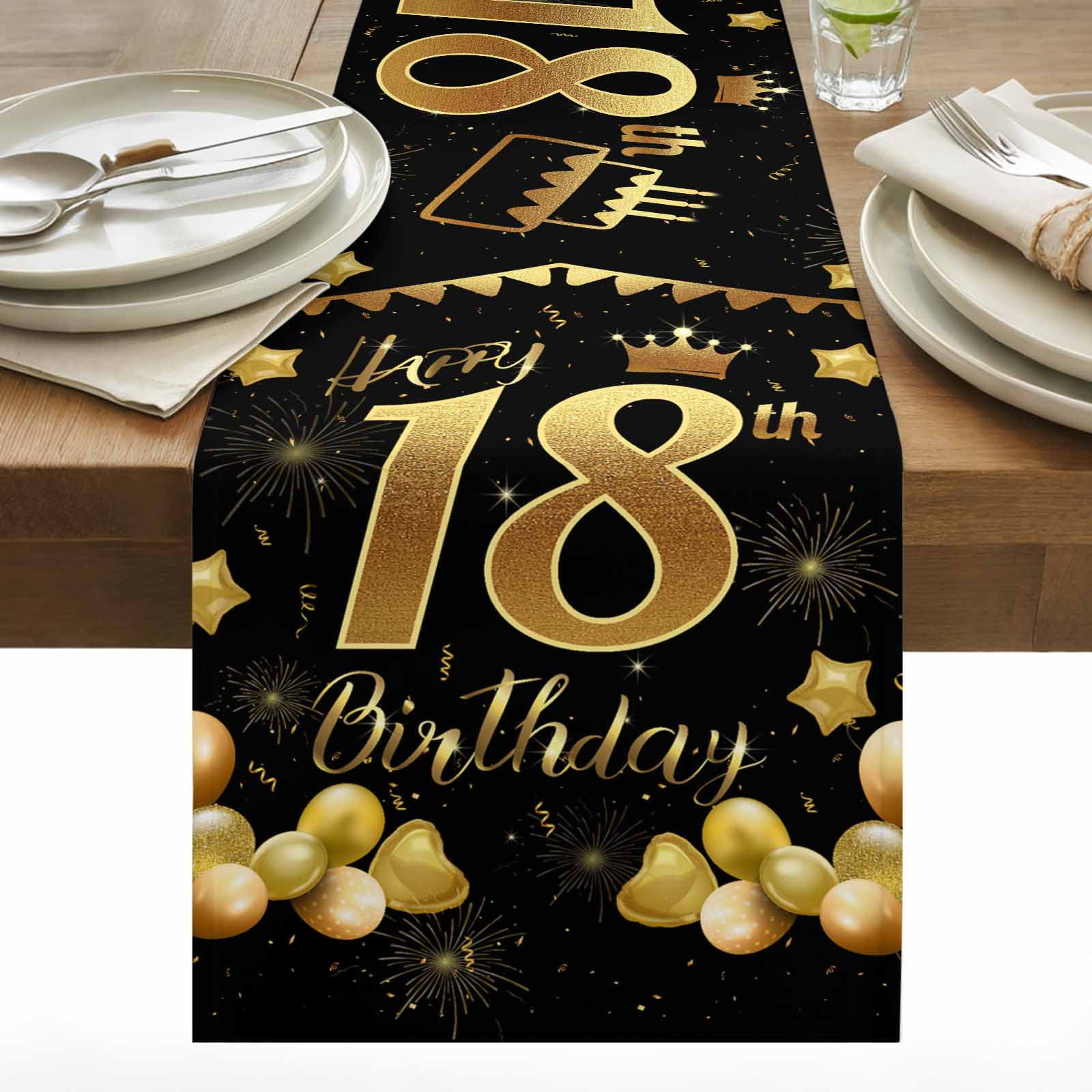 18th Happy Table Runner 13x60 inch Birthday Gold Cake Crown Gift ...