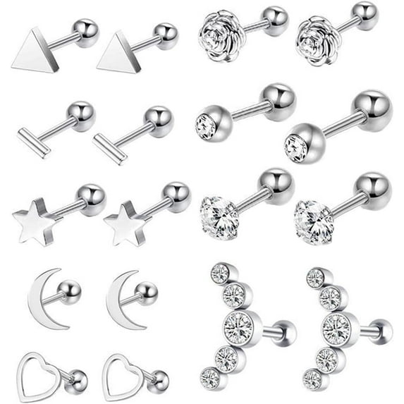 18x Stud Earrings Set Disc Ball Flat Barbell Tiny Heart Small Ear for ...