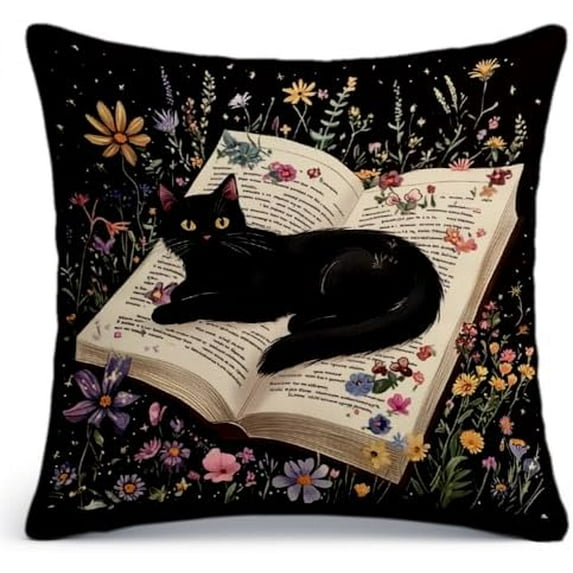 18x18" Black Cat Decorative Pillow Cover - Colorful Flower Design ...