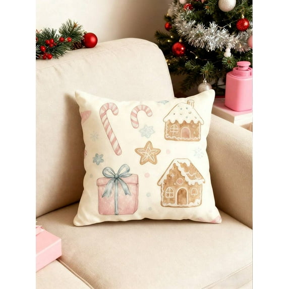 18x18 Christmas Gingerbread Pillowcase - Linen Cushion Cover with Candy ...