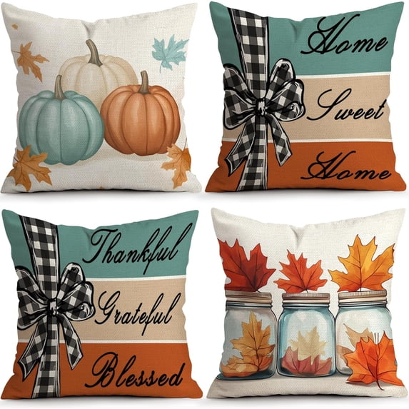 18x18 Faux Linen Throw Pillow Covers Set of 4, Rustic Autumn Pumpkins ...
