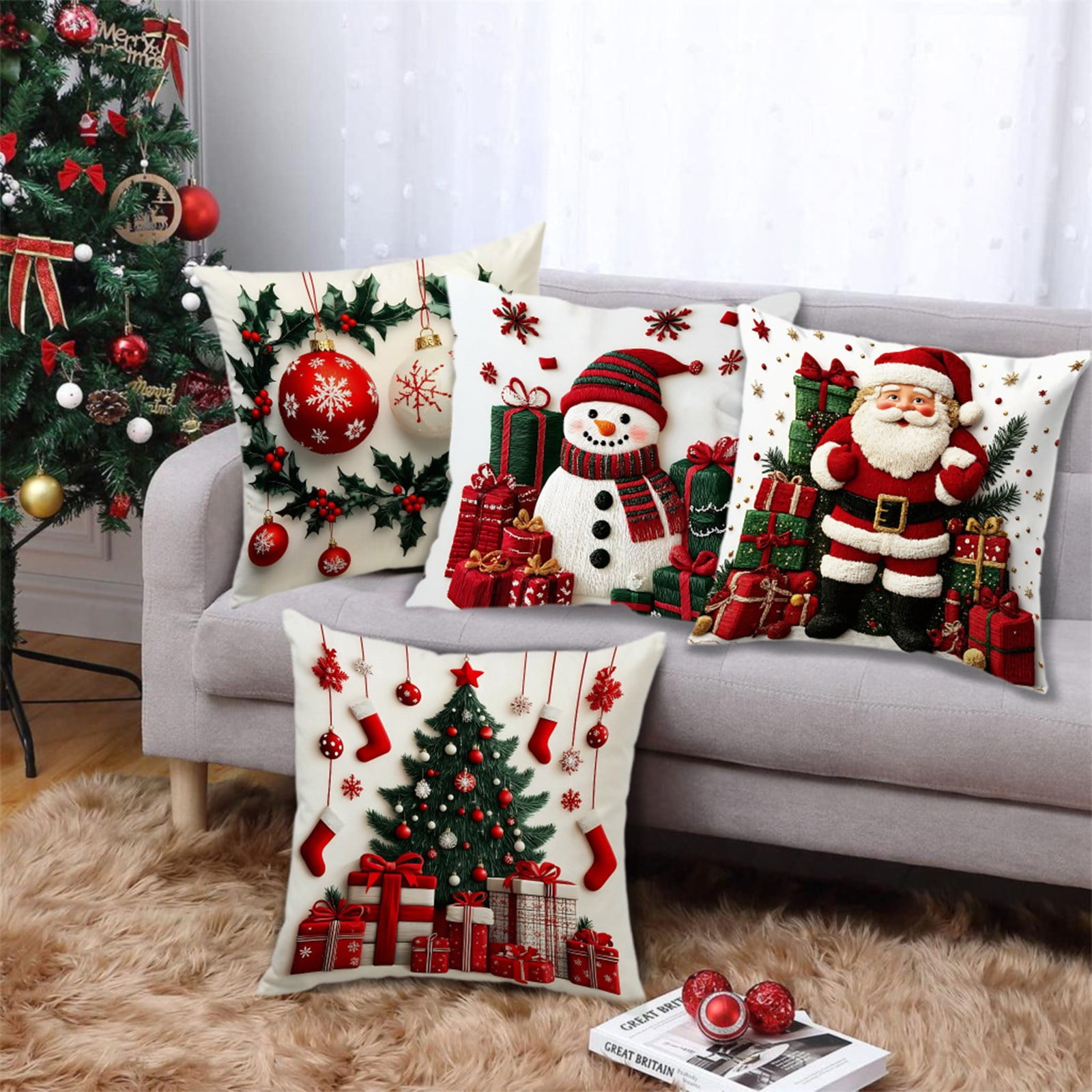 18x18 Inch Christmas Pillow Covers - Santa/Snowman/Tree Print Soft ...