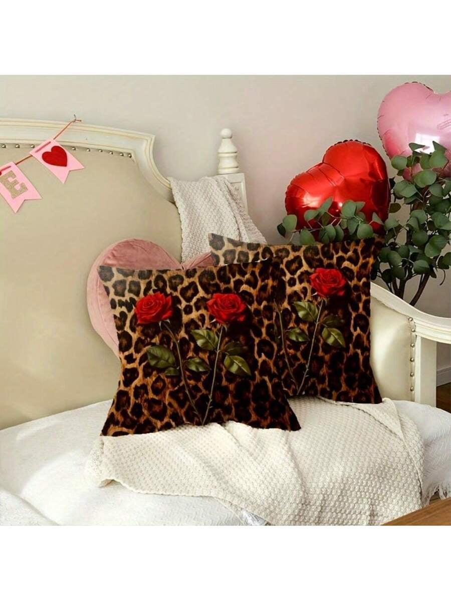 18x18 Inch Two Red Roses & Leopard Print Throw Pillow Cover - Style 1 ...