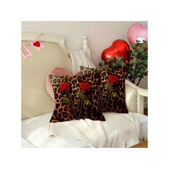 18x18 Inch Two Red Roses & Leopard Print Throw Pillow Cover - Style 1 ...