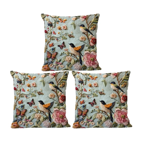 18x18" Vintage Faux Embroidery Process Floral & Bird Throw Pillowcase ...