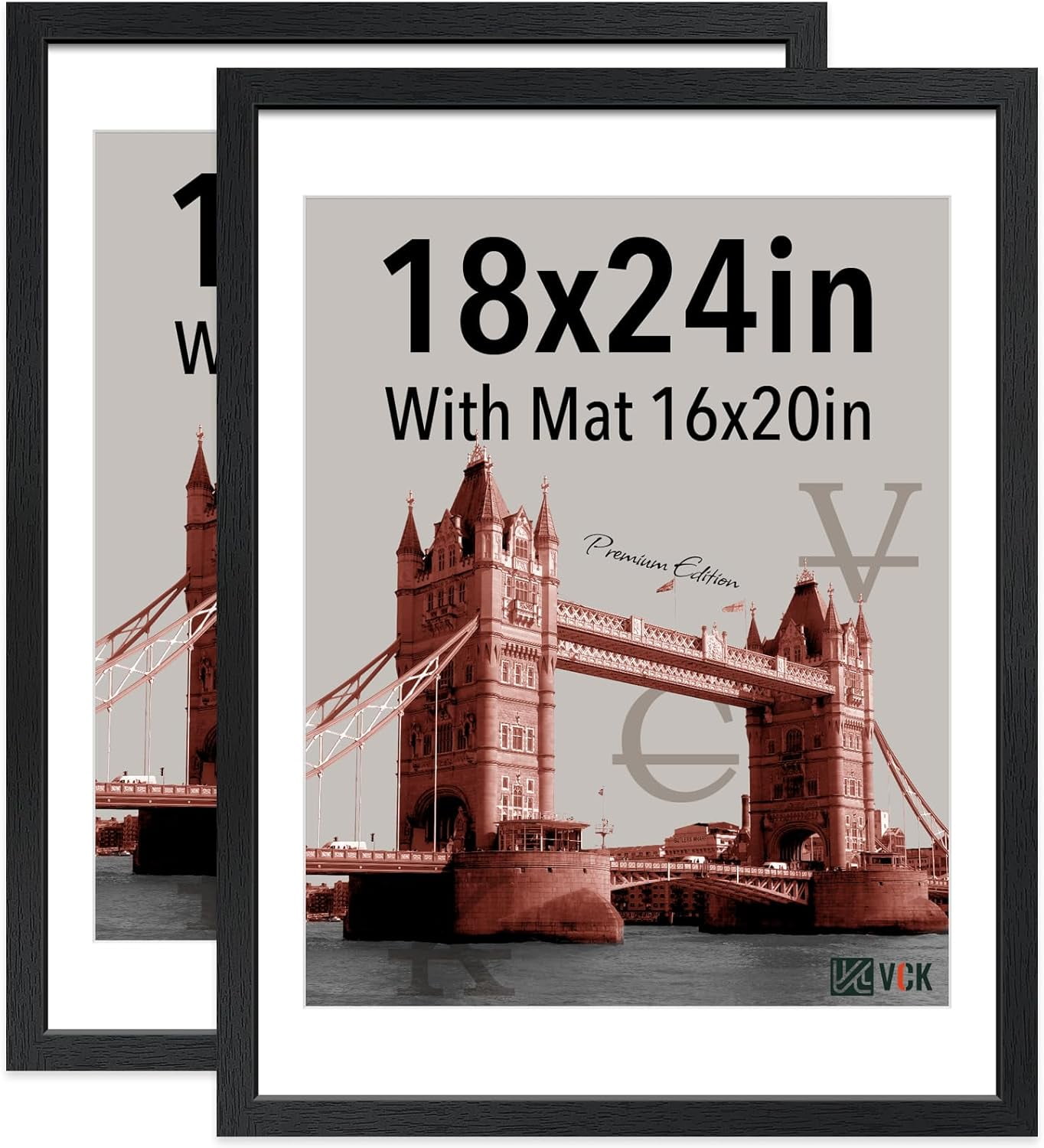 18x24 Frame 2 Pack, Solid Wood Poster Frame Black, Display Picture 16x20 with Mat or 18x24 ...