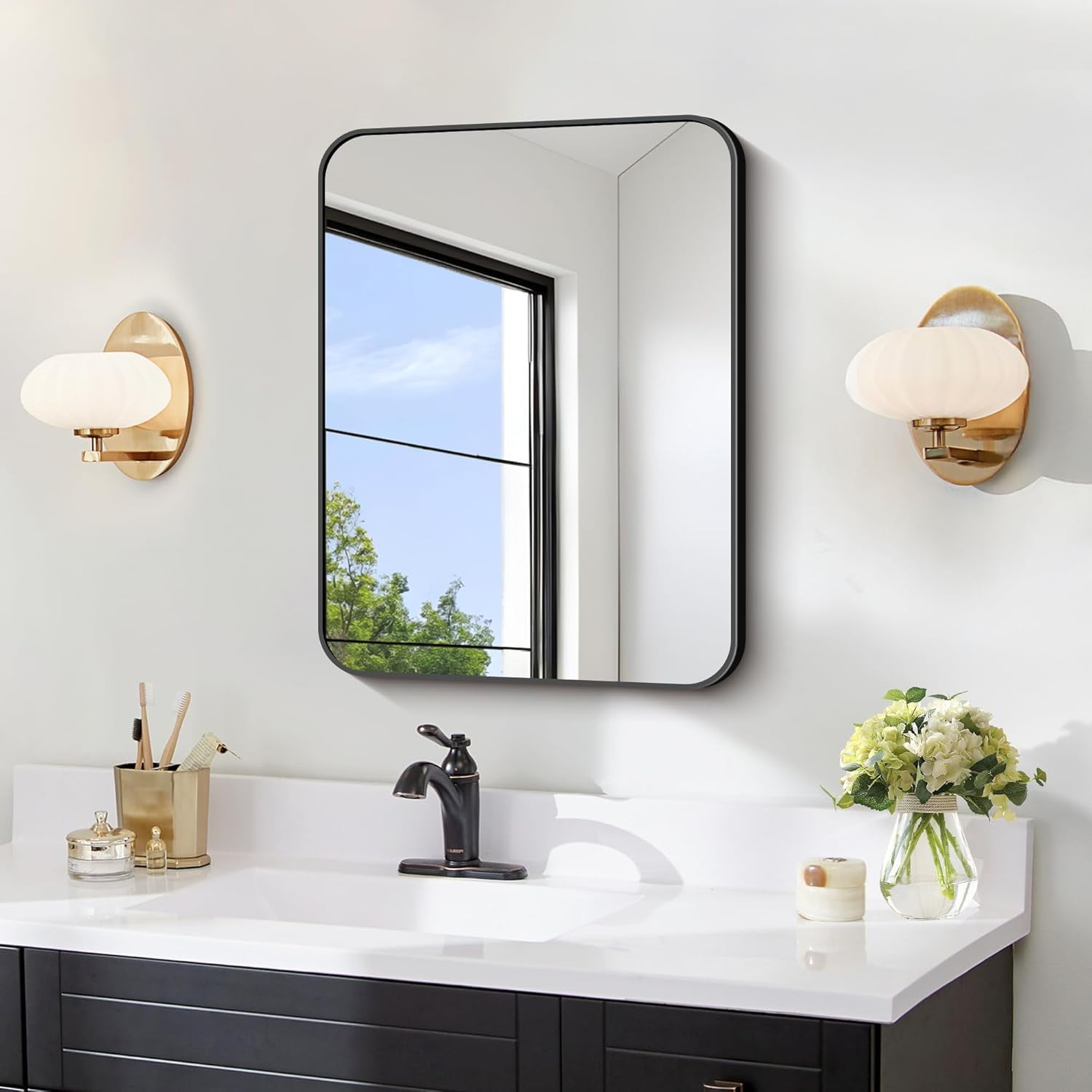 18x24 Inch Black Rectangular Wall Mirror with Metal Frame and Rounded ...