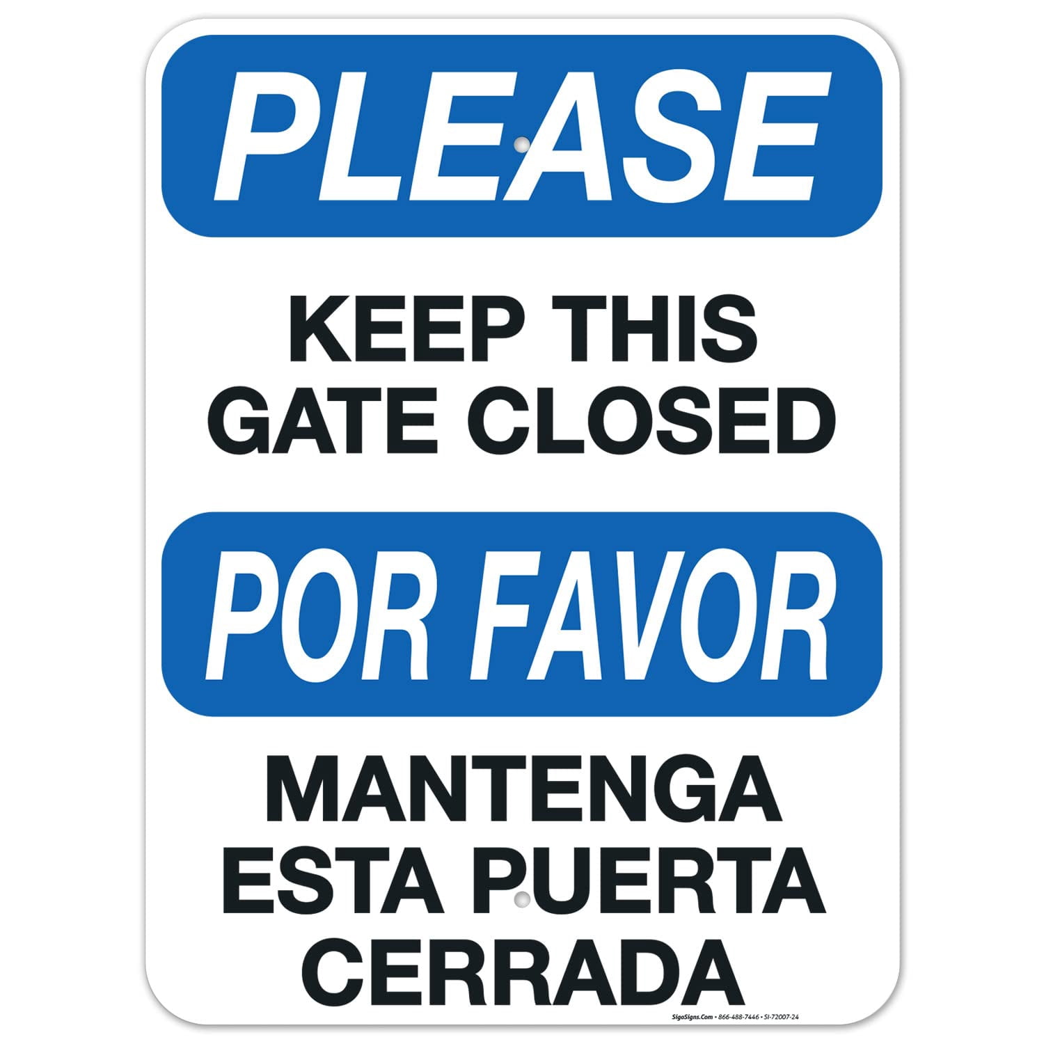 18x24 Inches, Keep Gate Closed Sign, Bilingual English and Spanish ...