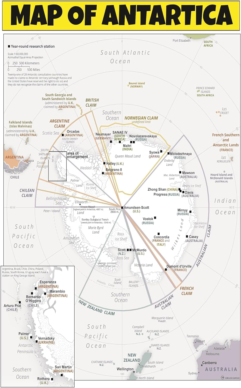 18x24 Map of Antarctica - Laminated Wall Map Poster Print Perfect for ...