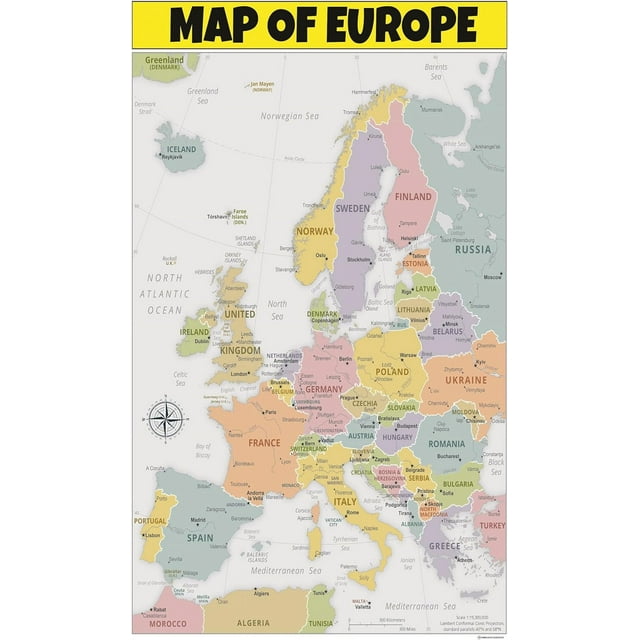 18x24 Map of Europe - Laminated Wall Map Poster Print Perfect for Classrooms and Homes - Vivid ...