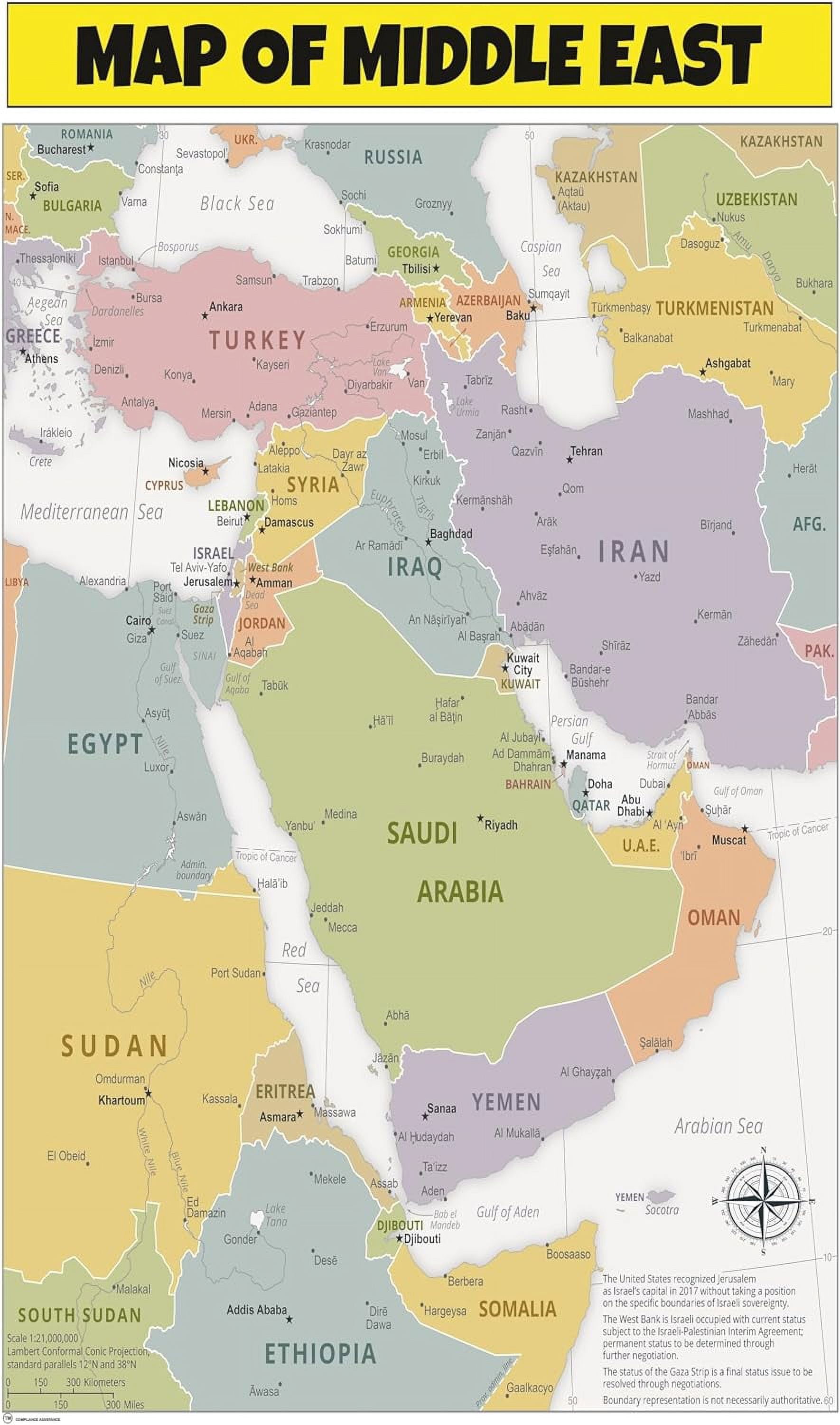 18x24 Map of Middle East - Laminated Wall Map Poster Print Perfect for ...