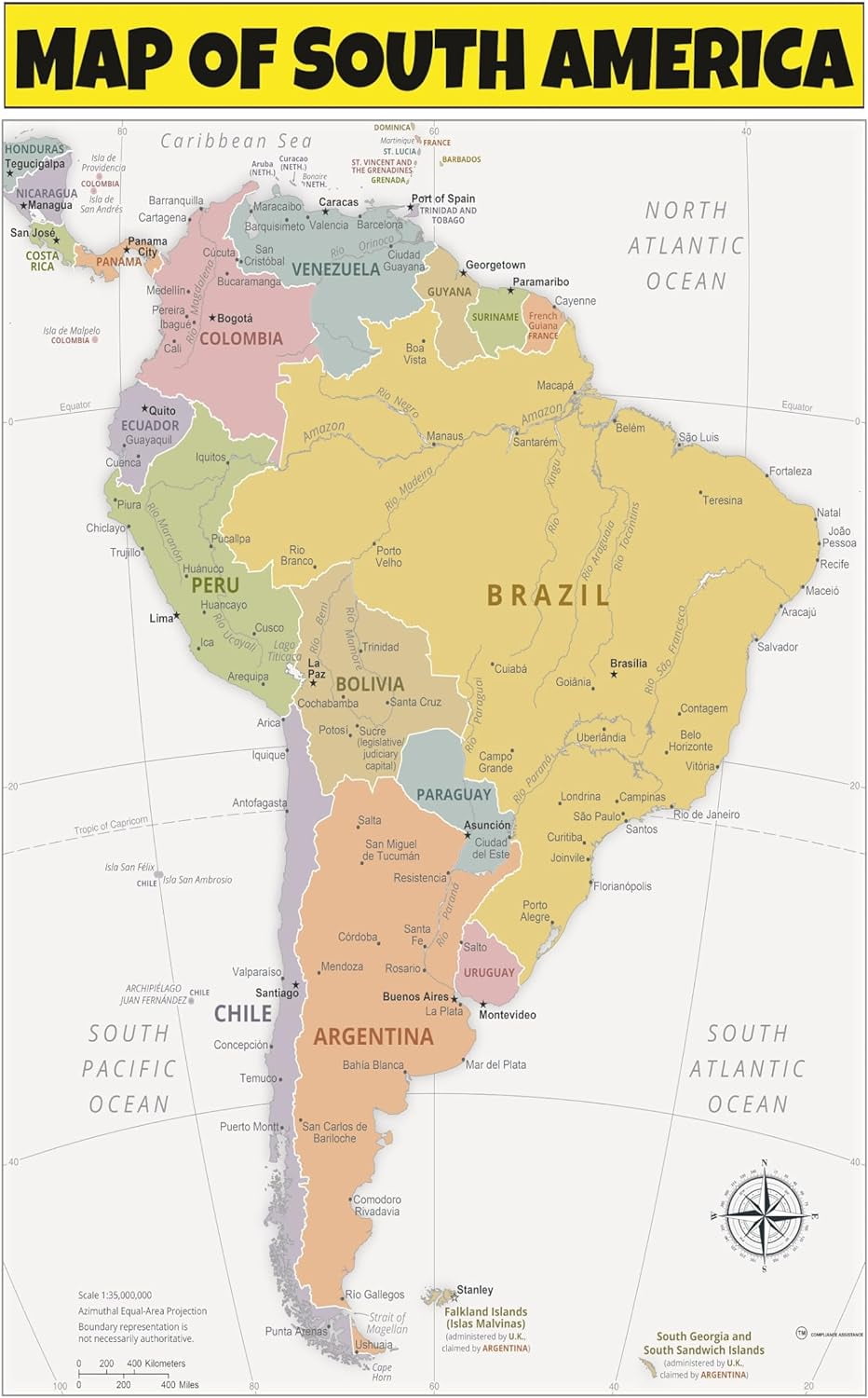 18x24 Map of South America - Laminated Wall Map Poster Print Perfect ...