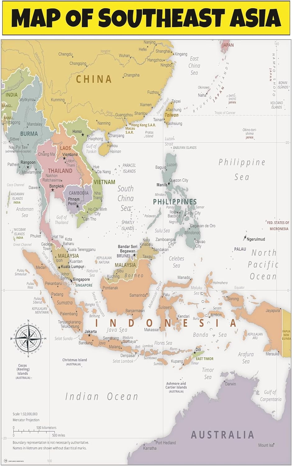 18x24 Map of Southeast Asia - Laminated Wall Map Poster Print Perfect ...